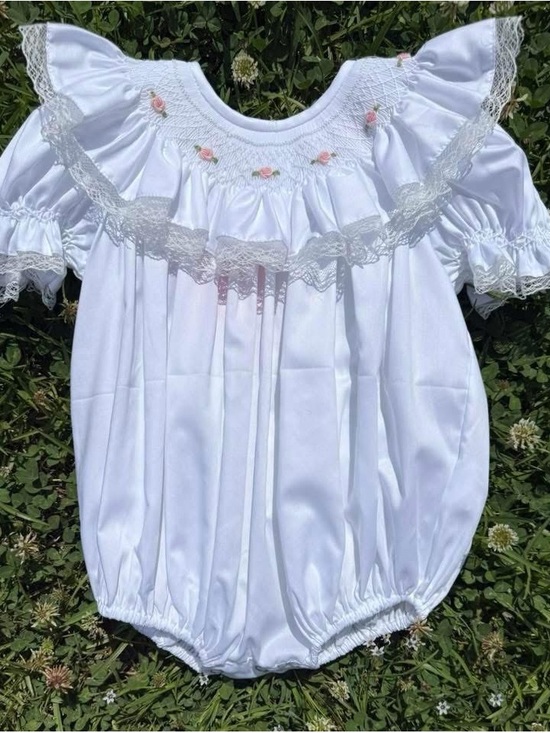One Pieces | White Handsmocked Bubble With Embroidered Pink Flowers ...